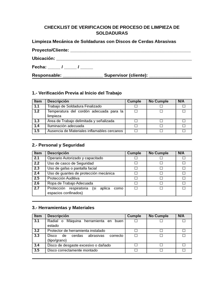 Checklist de Verificacion de Proceso de Limpieza de Soldaduras | PDF ...