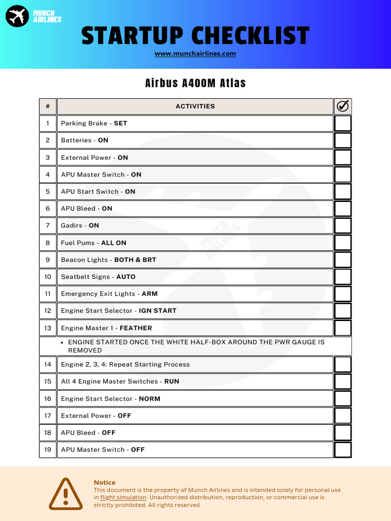 Airbus A400M Atlas Startup Checklist | PDF