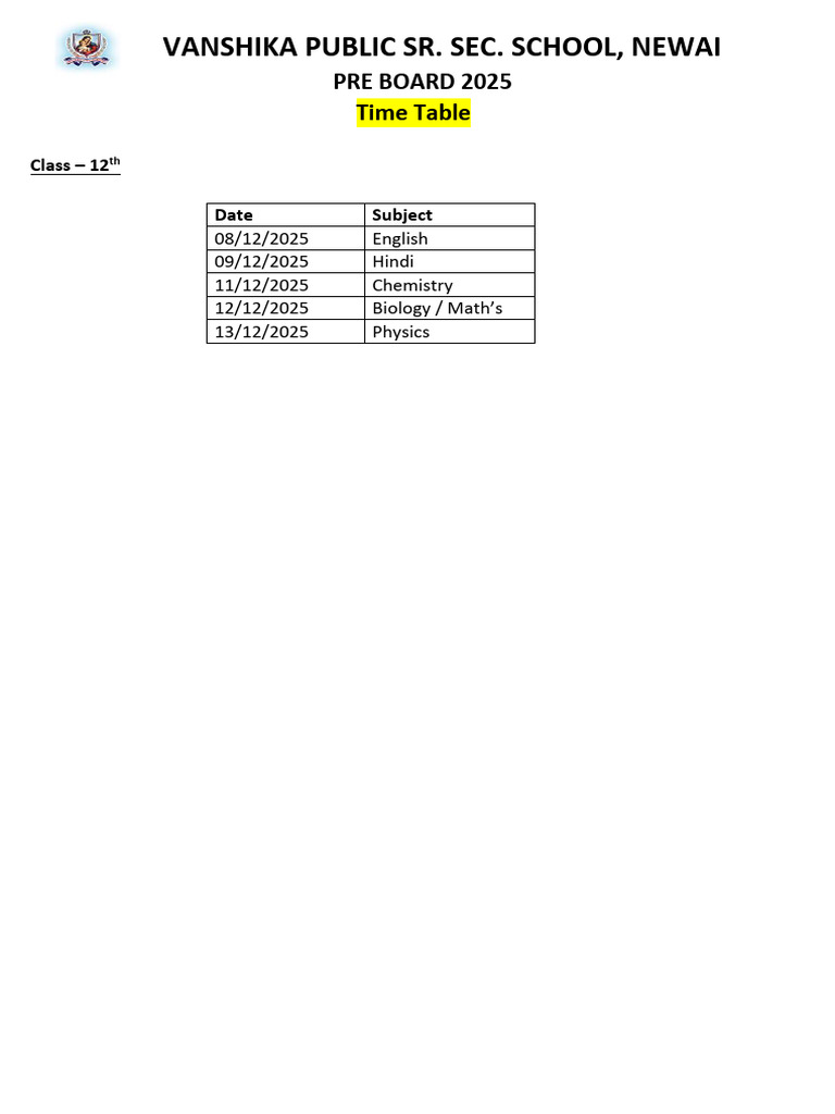 2025 Pre Board Time Table for Class 12 | PDF