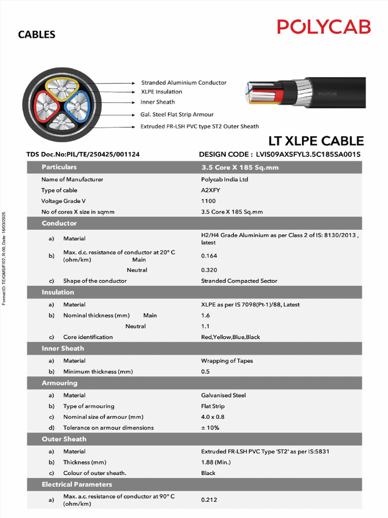 Power-Cables-Lv 185sqmm 3.5 1100v Al STR Xlpe Na Taped Strip FRLSH | PDF