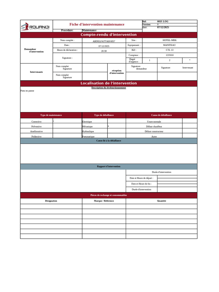 Fiche d'intervention maintenance hôtel | PDF