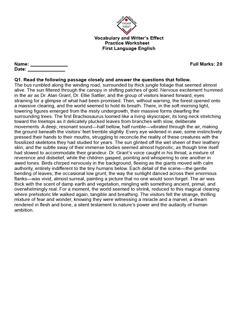 Vocabulary and Writer's Effect Worksheet | PDF