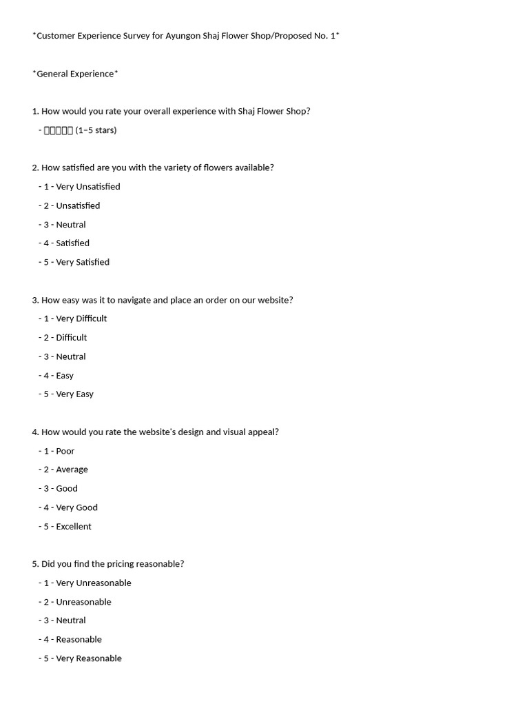 Proposed Survey Questionnaire For Ayungon Shaj Flower Shop | PDF ...