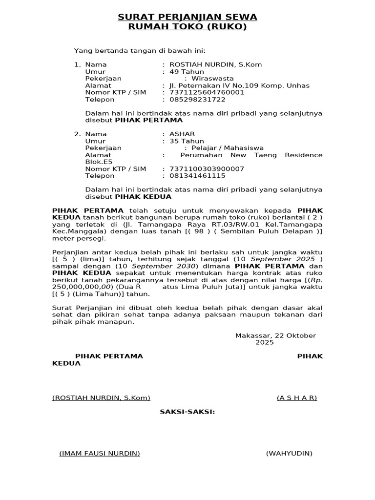 Perjanjian Sewa Ruko Makassar 5 Tahun | PDF