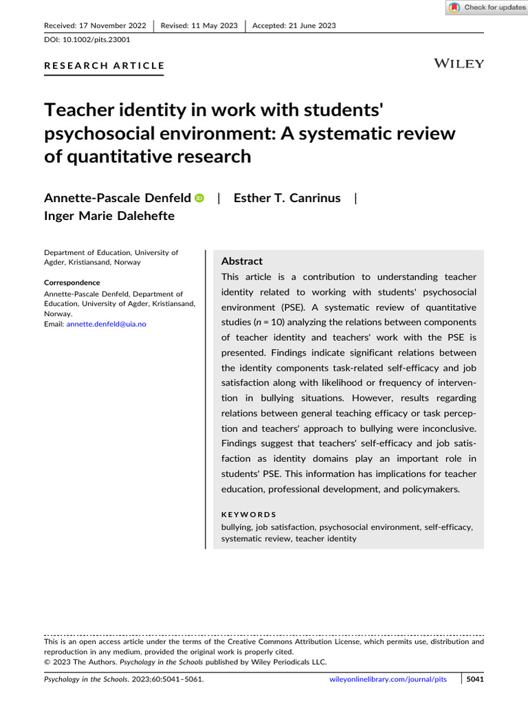 Teacher Identity in Work With Students - Psychosocial Environment | PDF ...