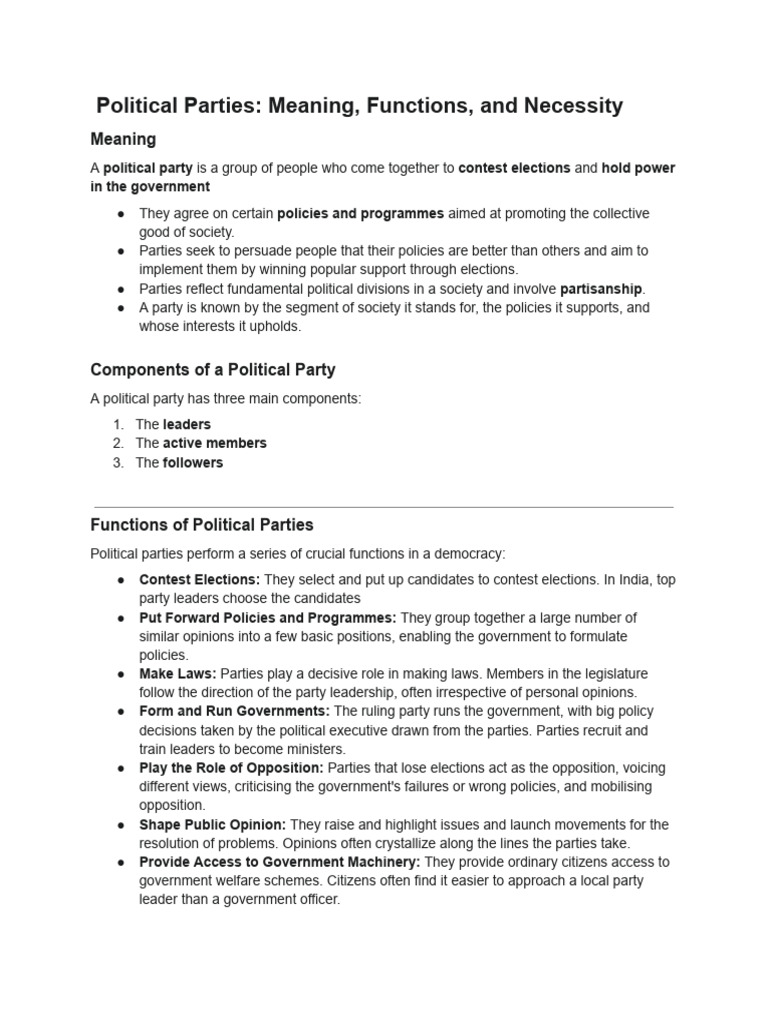 Understanding Political Parties' Roles | PDF | Political Parties ...