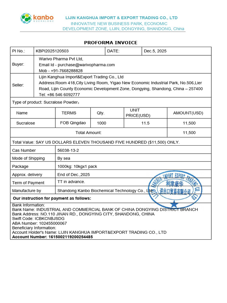 Proforma Invoice for Sucralose Purchase | PDF