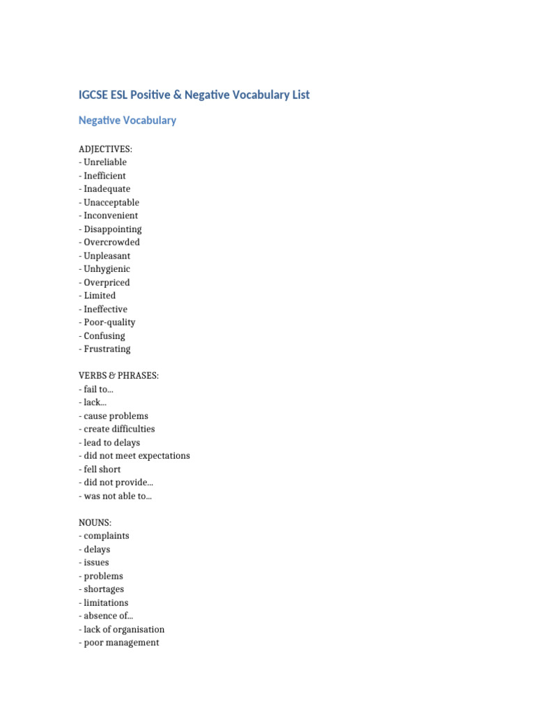 IGCSE ESL Positive & Negative Vocabulary List | PDF