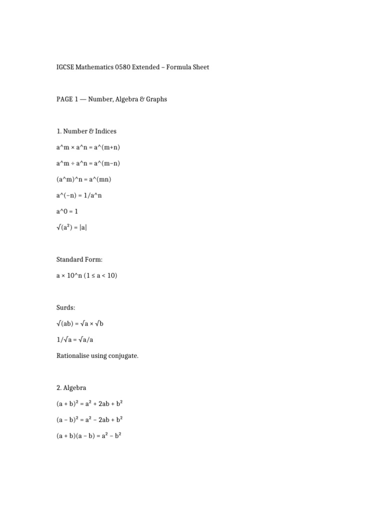 IGCSE Maths 0580 Formula Sheet | PDF