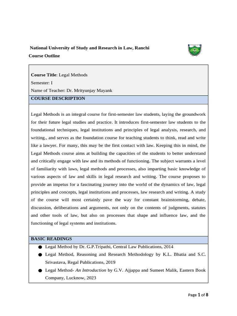 Legal Methods Course Outline - NU Law | PDF | Precedent | Methodology