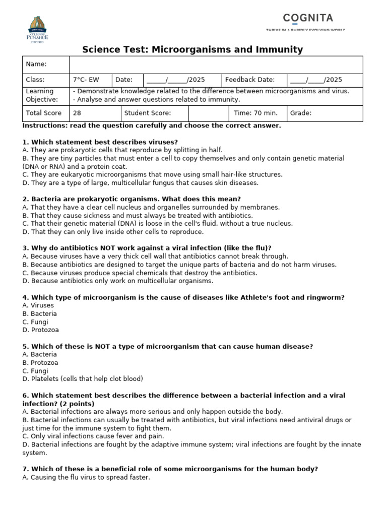 Microorganisms and Immunity Test | PDF | Immune System | Innate Immune ...