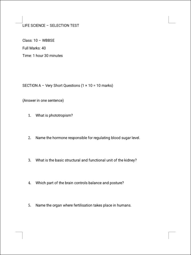 Class 10 Life Science Selection Test | PDF