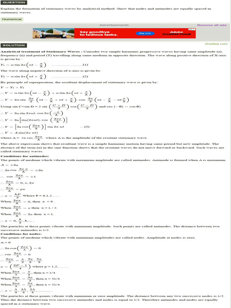 Explain The Formation of Stationary Waves by Analytical Method. Show ...