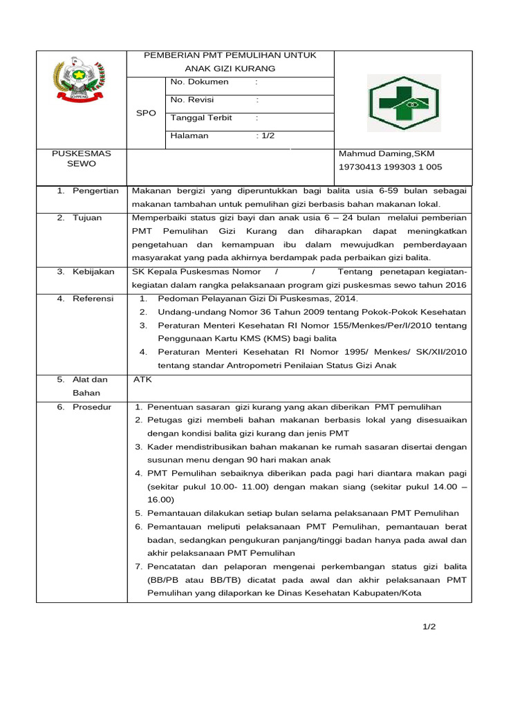 7. SOP PEMBERIAN PMT PEMULIHAN GIZI KURANG | PDF