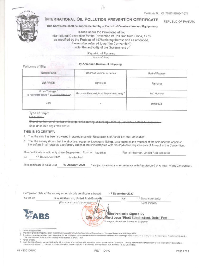 International Oil Pollution Prevention Certificate (IOPP) | PDF