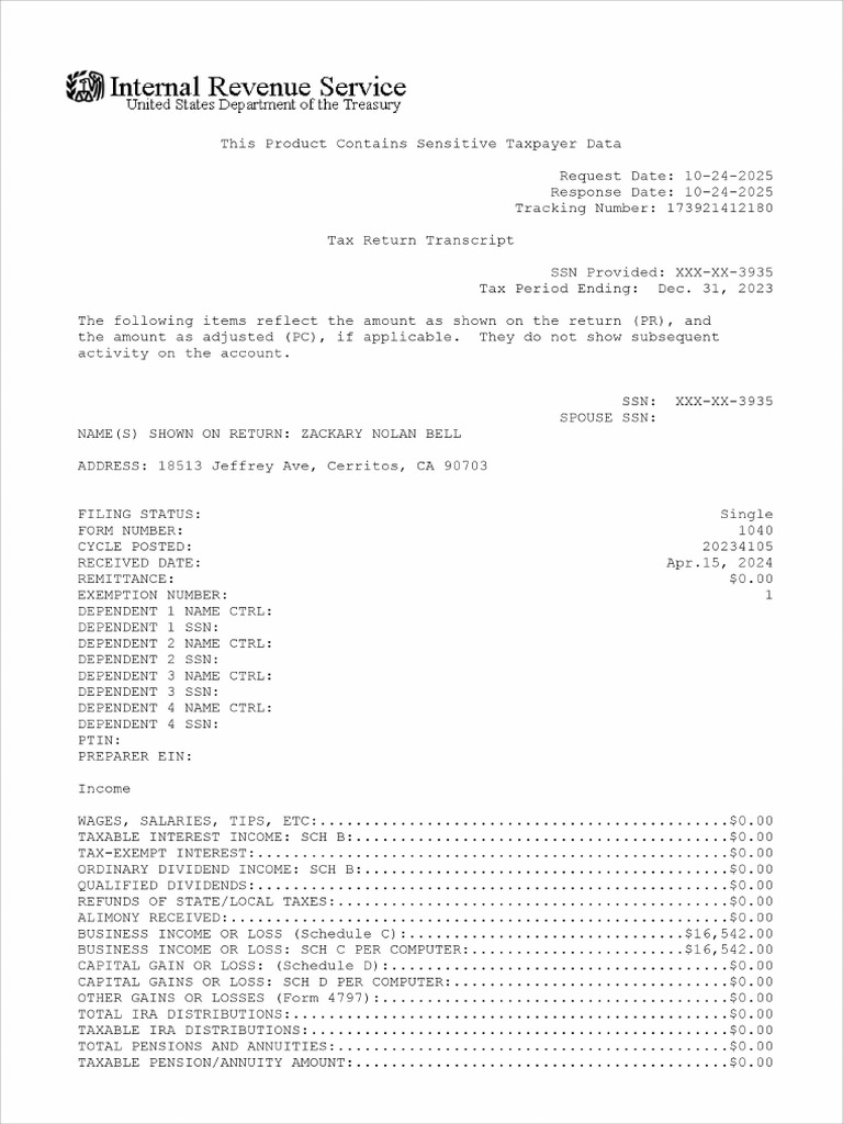 Tax Return Transcript Zackary Nolan Bell Scan Watermarked | PDF
