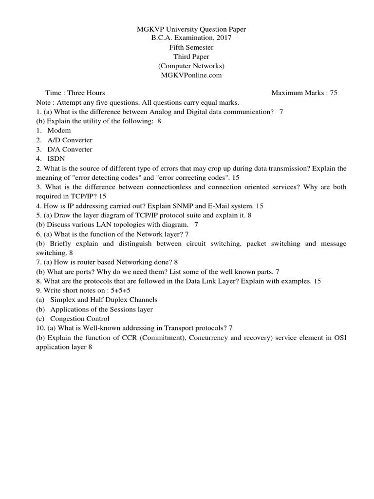 BCA Computer Networks Exam Paper 2017 | PDF