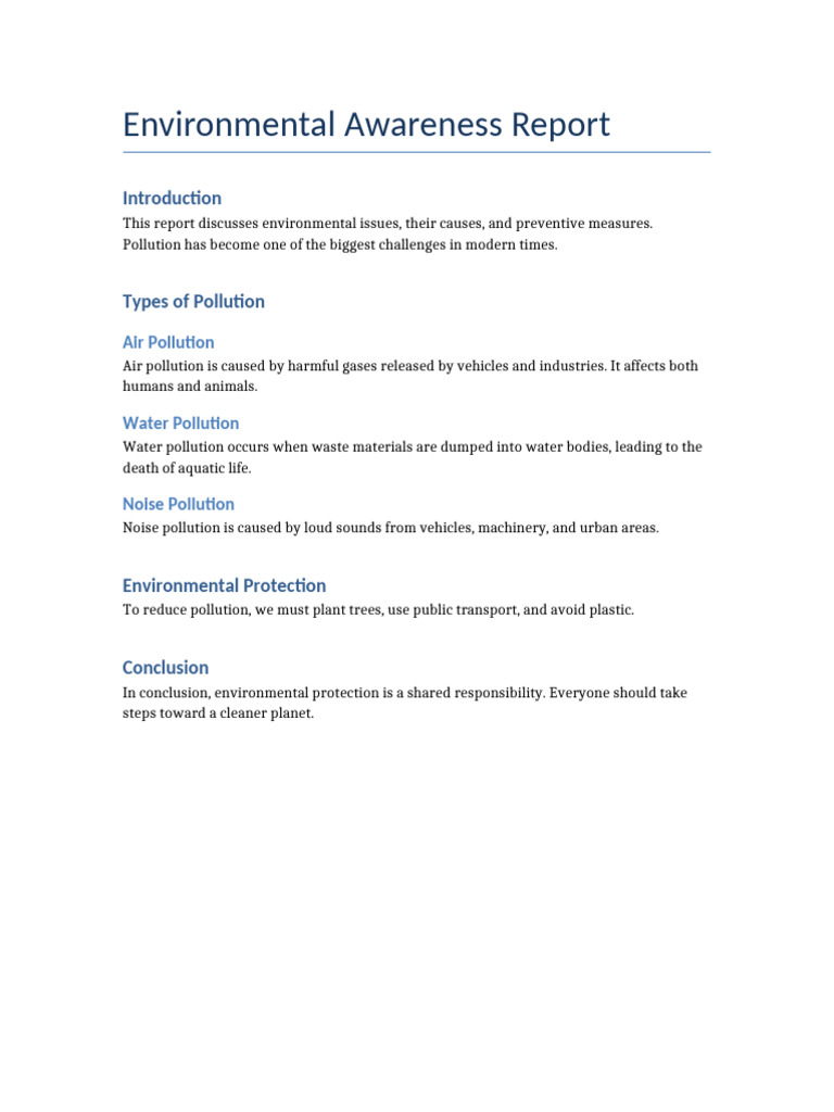 Environmental Awareness Report With TOC and Index | PDF