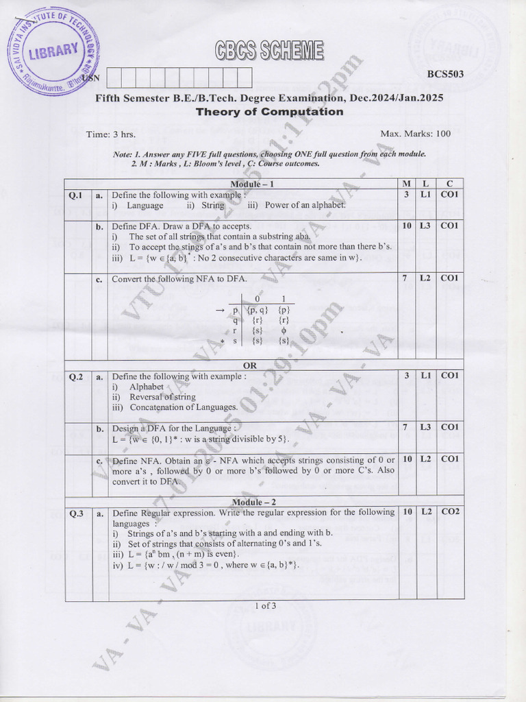 Theory of Computation BCS503 Dec-2024 Jan-2025 | PDF