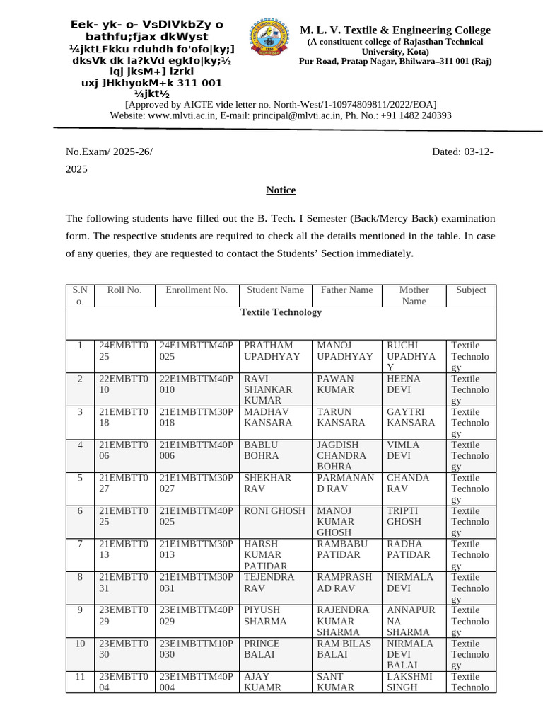 Office Order Ist Sem Back Exam Form Filling | PDF