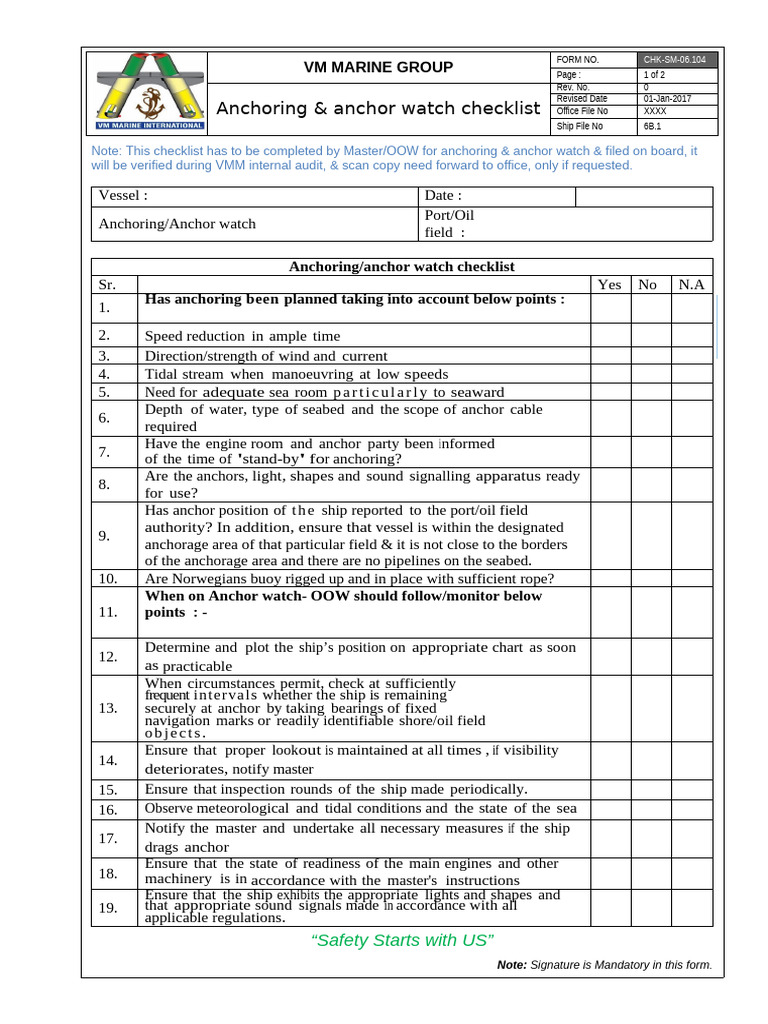 Anchoring & Anchor Watch Checklist | PDF | Anchor | Ships