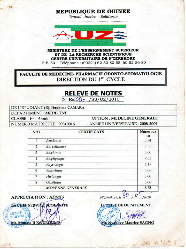 Réléve de Notes Universitaire | PDF