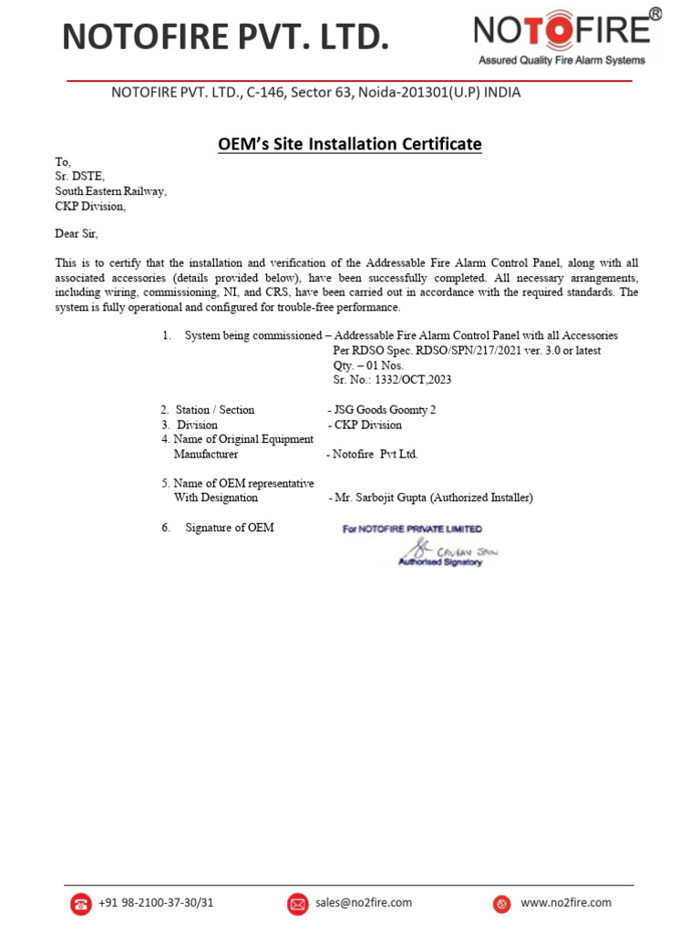 OEM Installation Certificate for Fire Alarm | PDF