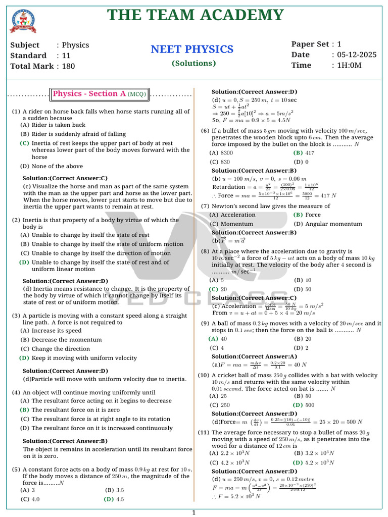 Neet Physics 987366 1 1764949443 | PDF | Force | Momentum