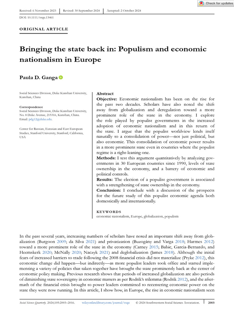 Social Science Quarterly - 2024 - Ganga - Bringing The State Back in ...