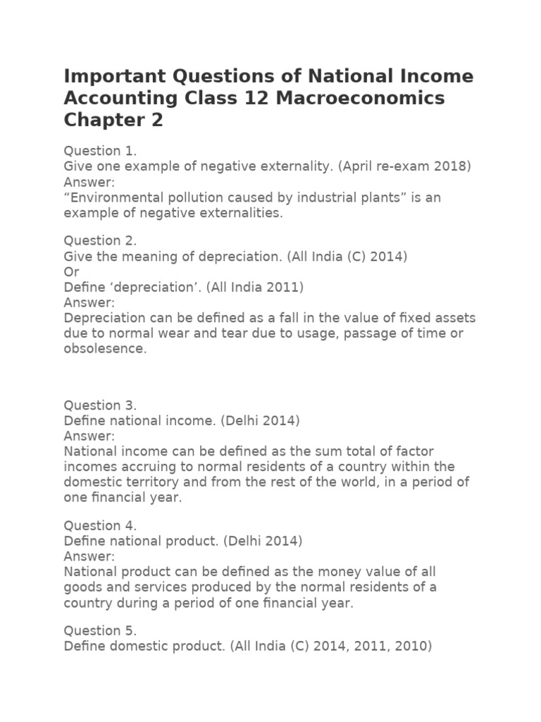 Important Questions of National Income Accounting Class 12 ...