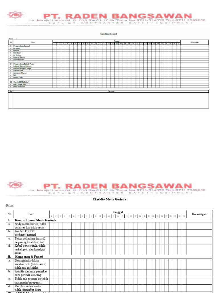 Checklist Perawatan Mesin Gerinda dan Bor | PDF
