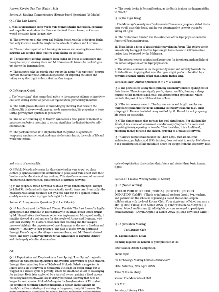 Unit Test Answer Key: Units 1 & 2 | PDF