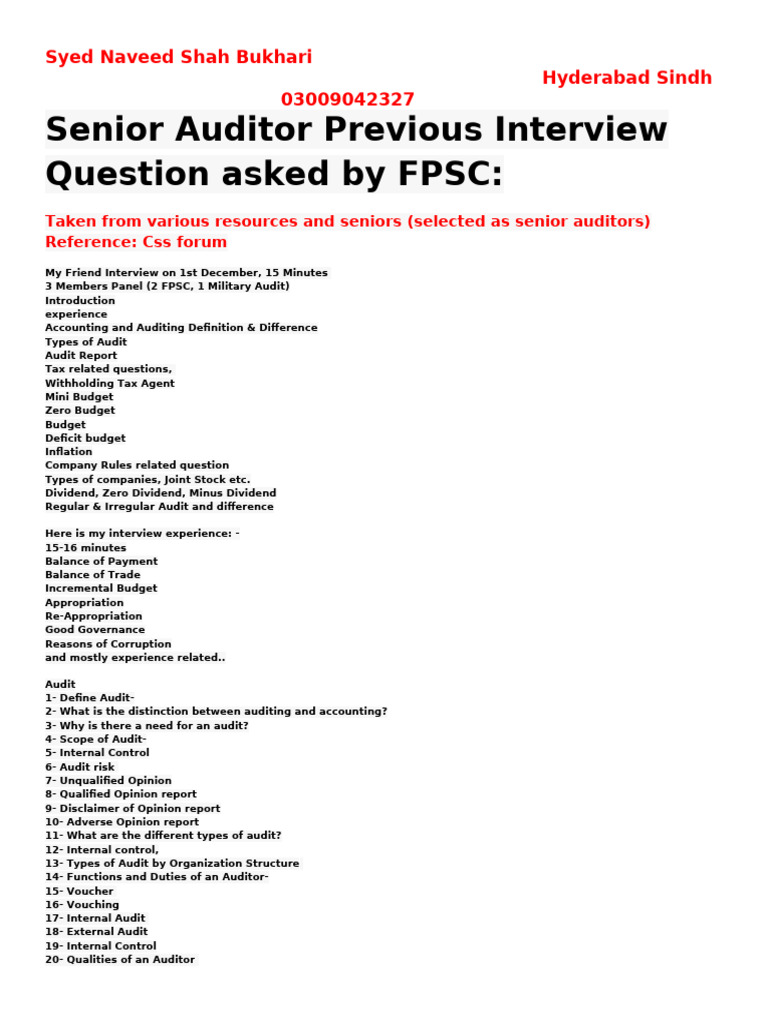 Past Interview Qustion of Senior Auditor | PDF | Government Budget ...