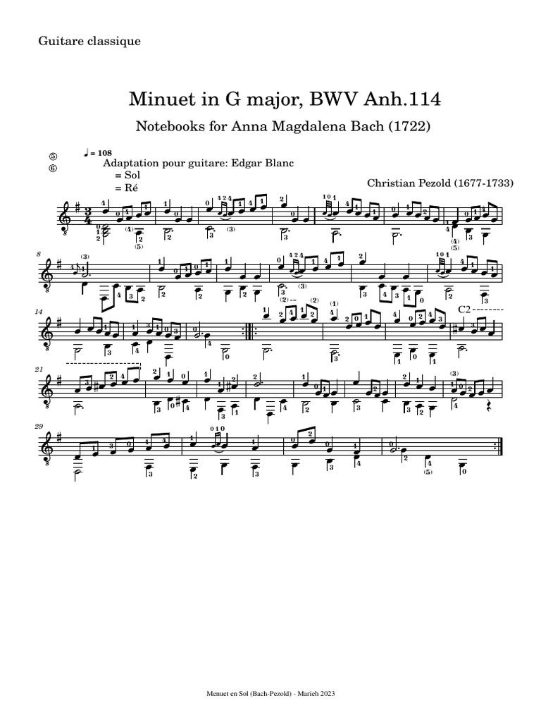 Minuet in G for Classical Guitar | PDF | Common Practice Period ...