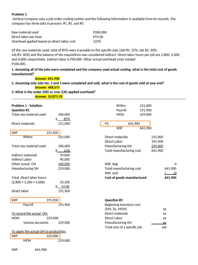 Job-Order Costing Analysis and Solutions | PDF | Cost Of Goods Sold ...