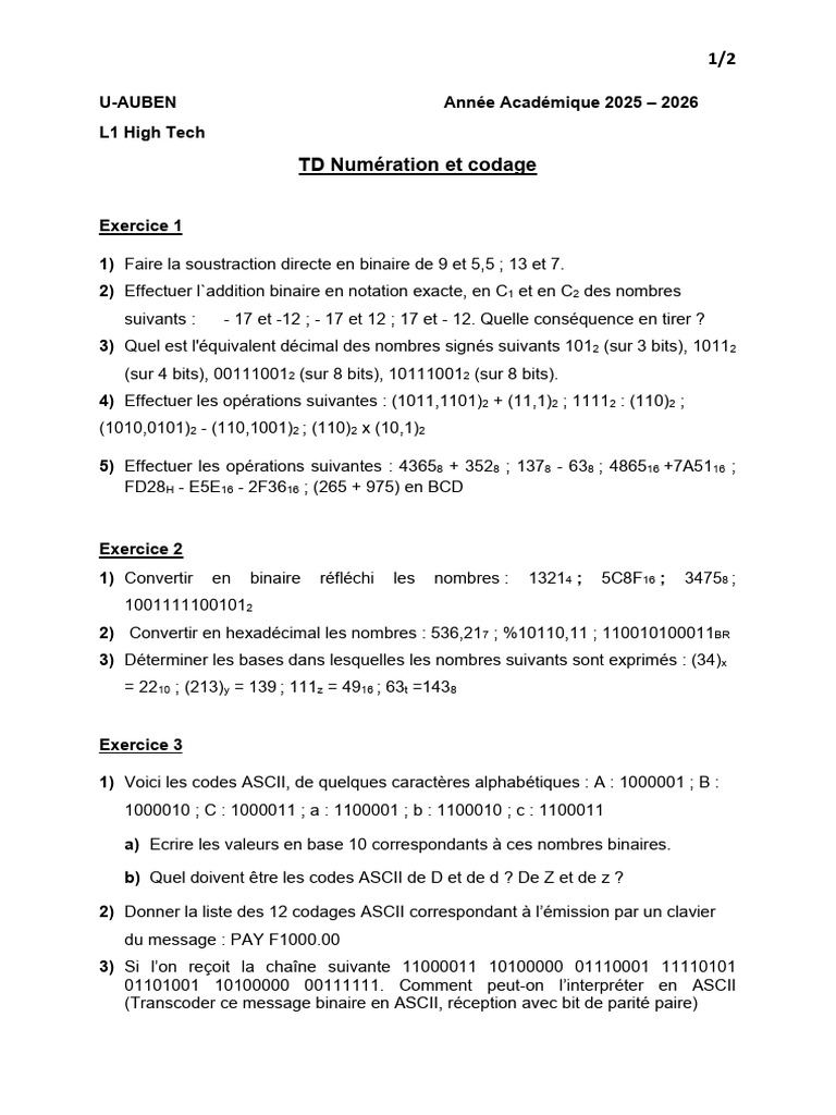 Exercices de numération et codage binaire | PDF | Mathématiques ...