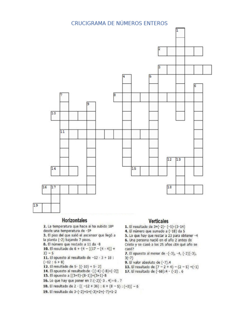 Crucigrama de Números Enteros | PDF