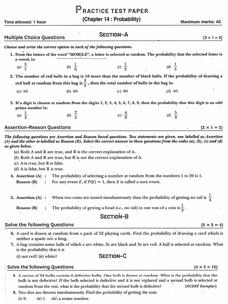 Practice Test Paper (Probability) | PDF