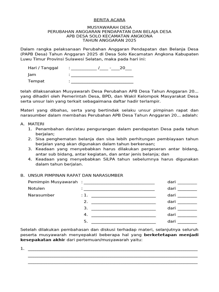 Musyawarah Desa APB 2025 Solo Angkona | PDF