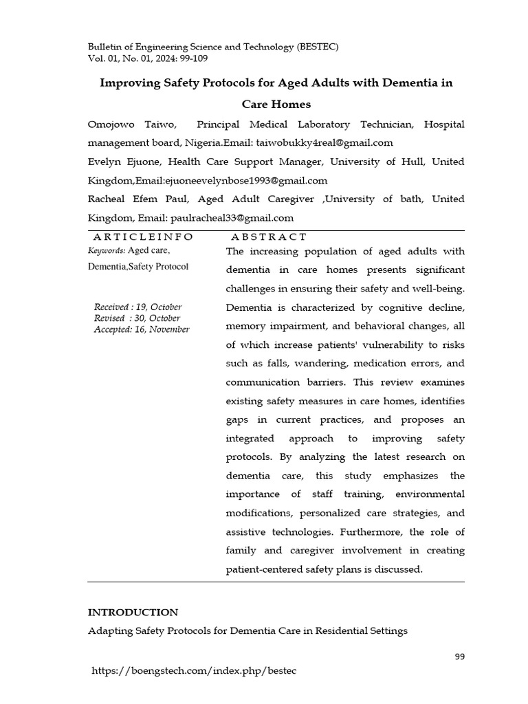 Improving Safety Protocols For Aged Adults With Dementia in Care Homes ...