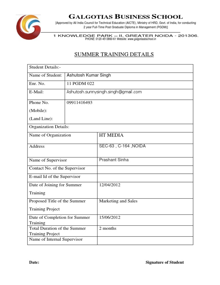 Summer Training Details: Algotias Usiness Chool | PDF | Career & Growth