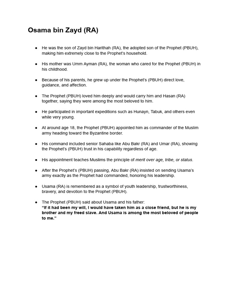 Osama Bin Zayd (RA) | PDF