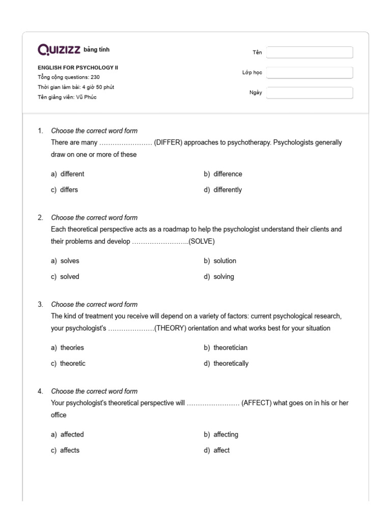 English for Psychology II Exercises | PDF | Psychotherapy | Psychology