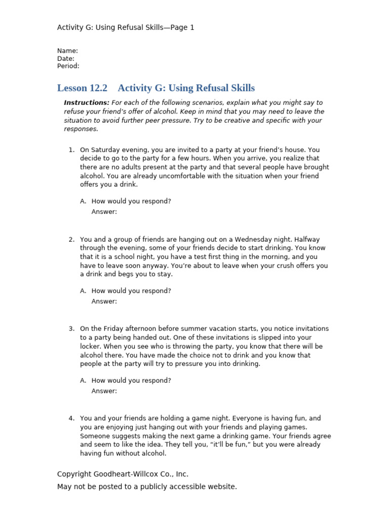 12.2 Activity G Using Refusal Skills | PDF