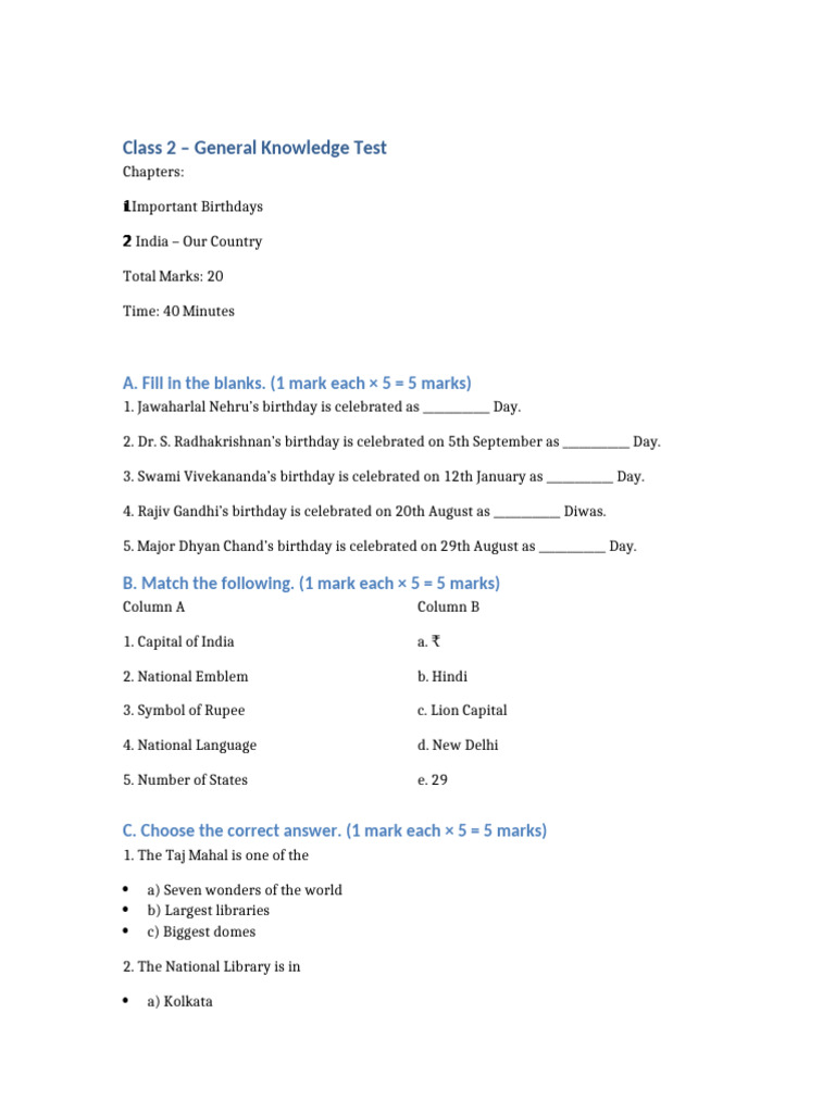 Class 2 General Knowledge Test Guide | PDF