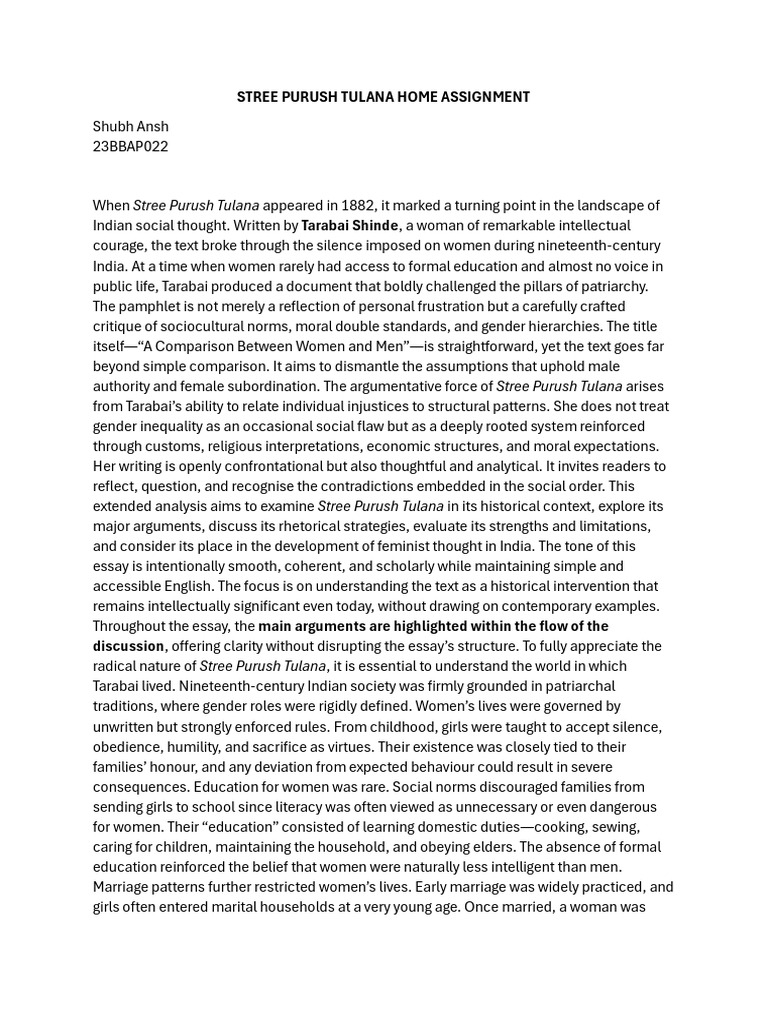 Stree Purush Tulana Home Assignment | PDF | Patriarchy | Gender