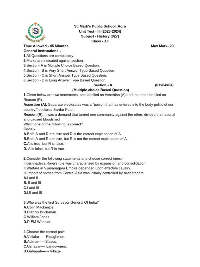 Class XII History Unit Test 2023-24 | PDF