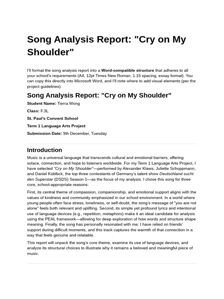Song Analysis Report - Cry On My Shoulder | PDF | Empathy | Love