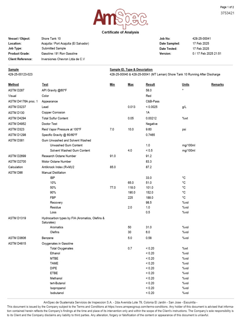 21-Fe Full Test Tk10 - Amspec | PDF | Petroleum | Hydrocarbons