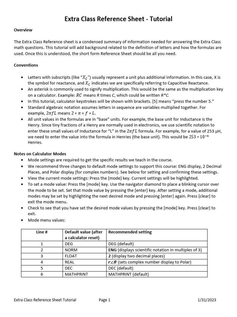 Extra Class Math Reference Guide | PDF | Inductance | Capacitor